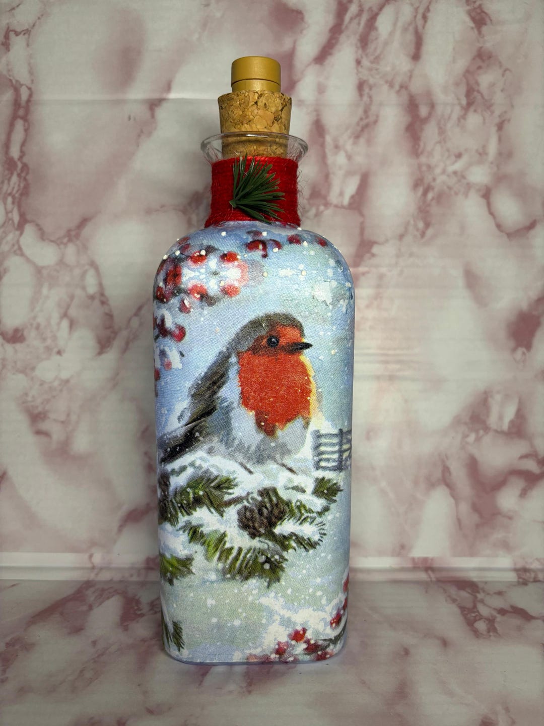Christmas Decorative Bottle With Robin, Vintage Style, Winter Craft ...