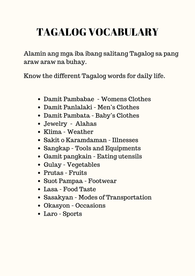 Tagalog Vocabulary With Images - Etsy