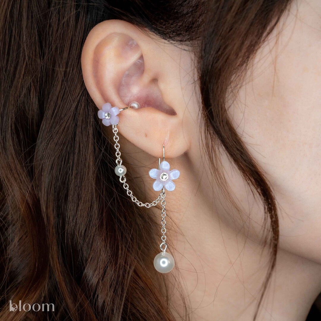 Pearlized Flower Chain Ear Cuffs & Dangling Pearl Earrings Set Made ...