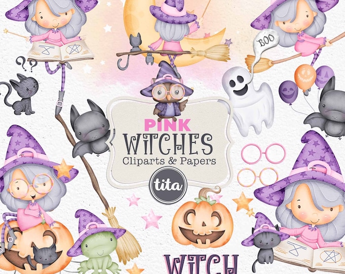 Halloween Pink Witches Clipart, Watercolor Witches and Digital Papers ...