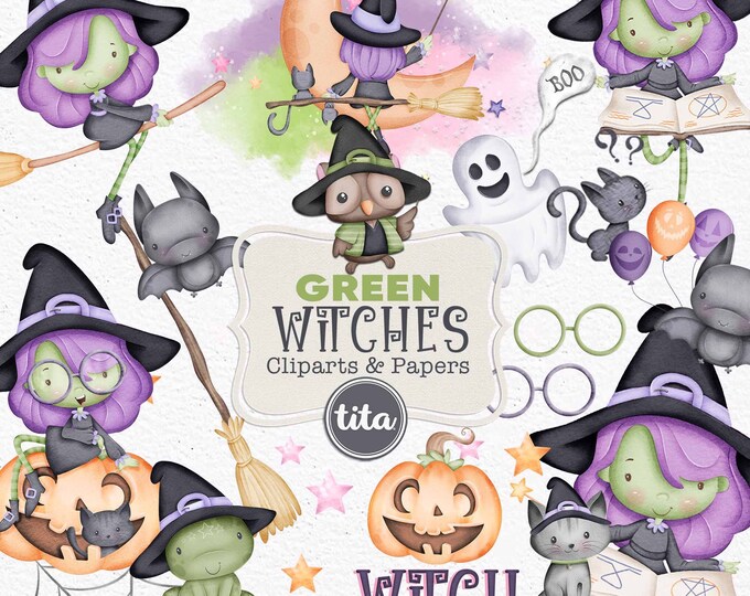 Halloween Green Witches Clipart, Watercolor Witches and Digital Papers ...