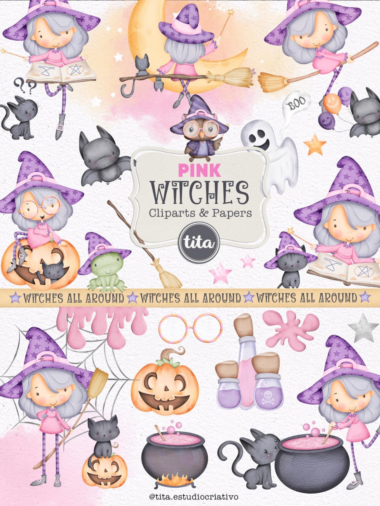 Halloween Pink Witches Clipart Watercolor Witches and Digital - Etsy