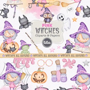 Halloween Pink Witches Clipart, Watercolor Witches and Digital Papers ...