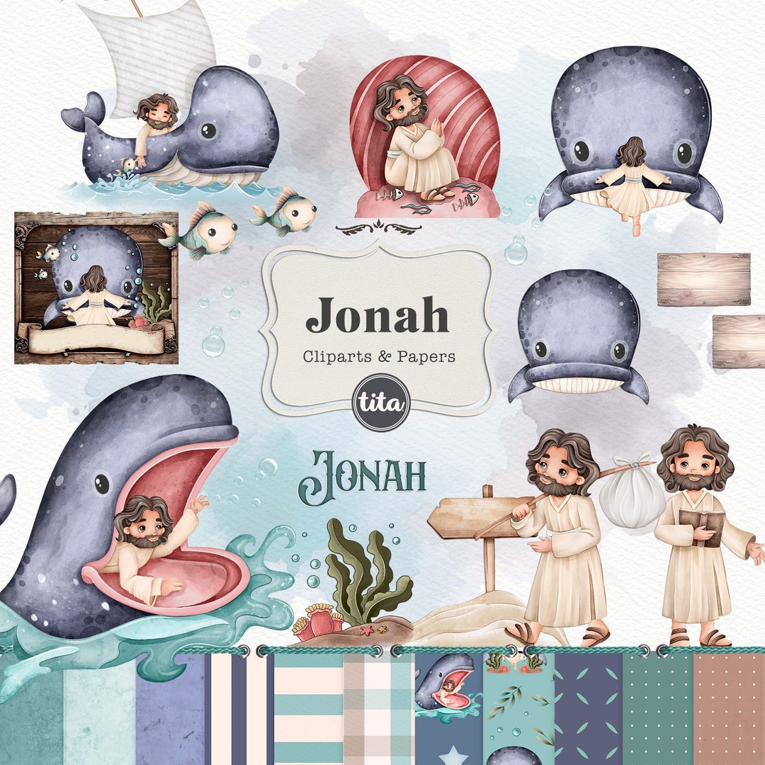Jonah and the Whale Clip Arts, Religious Watercolor Illustrations, Kids ...