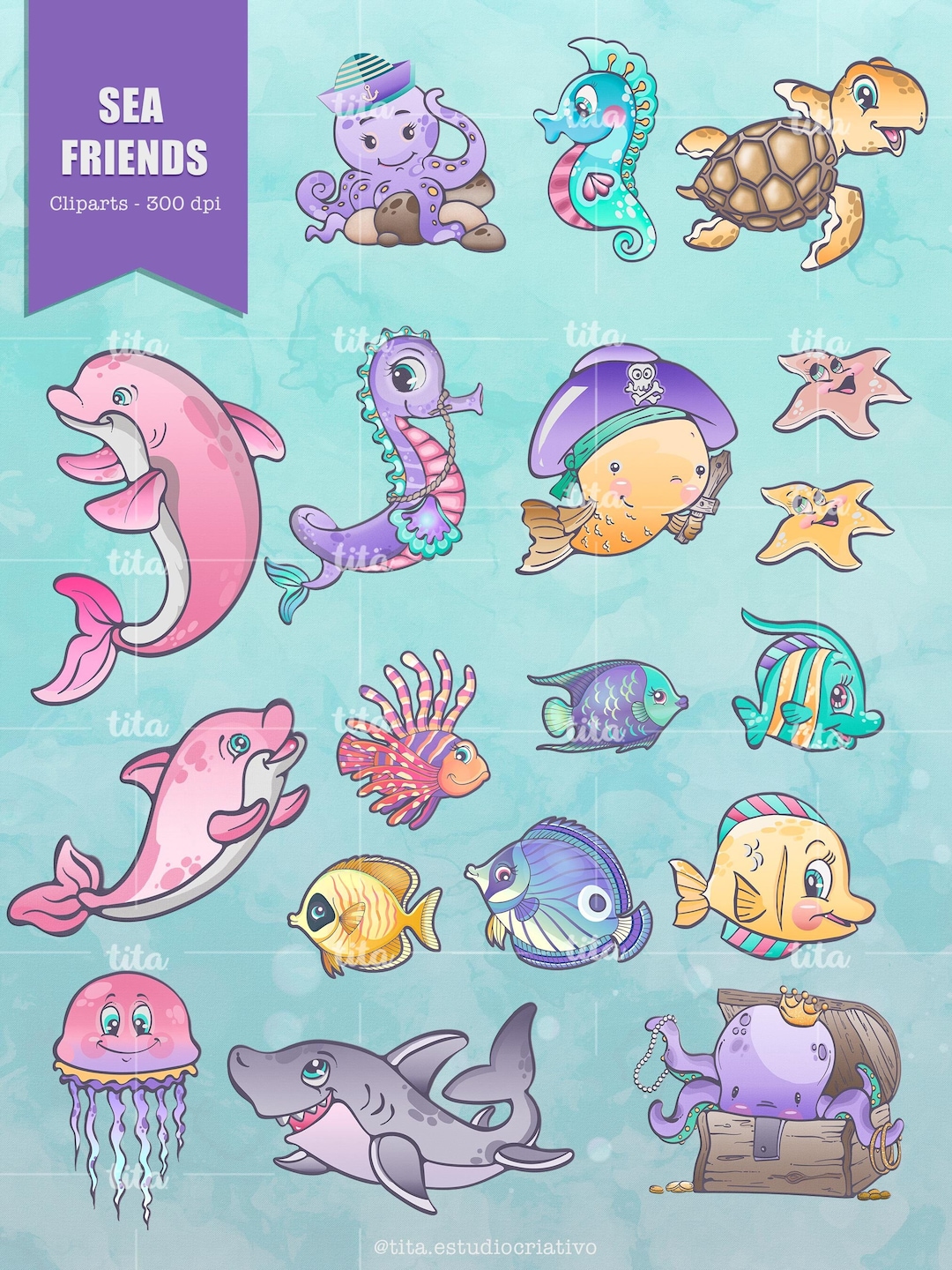 Sea Animals Clip Arts, Under the Sea Illustrations, Candy Color ...