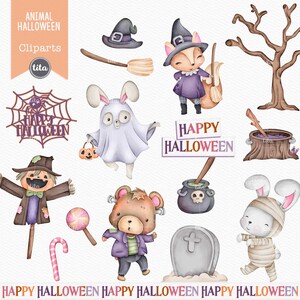 Animal Halloween Clip Art, Watercolor Halloween Clip Arts, Animals in ...