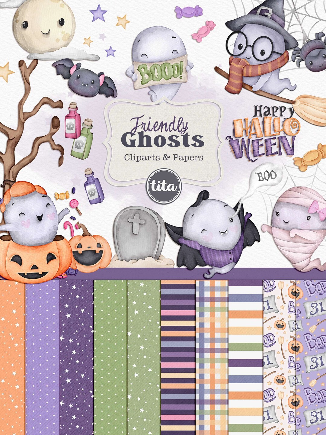 Friendly Ghosts Halloween Clipart, Halloween Digital Bundle, Ghost ...