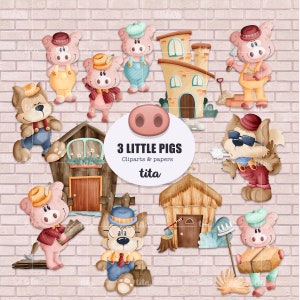 3 Little Pigs Watercolor Cliparts, Illustrations and Papers, Cute ...