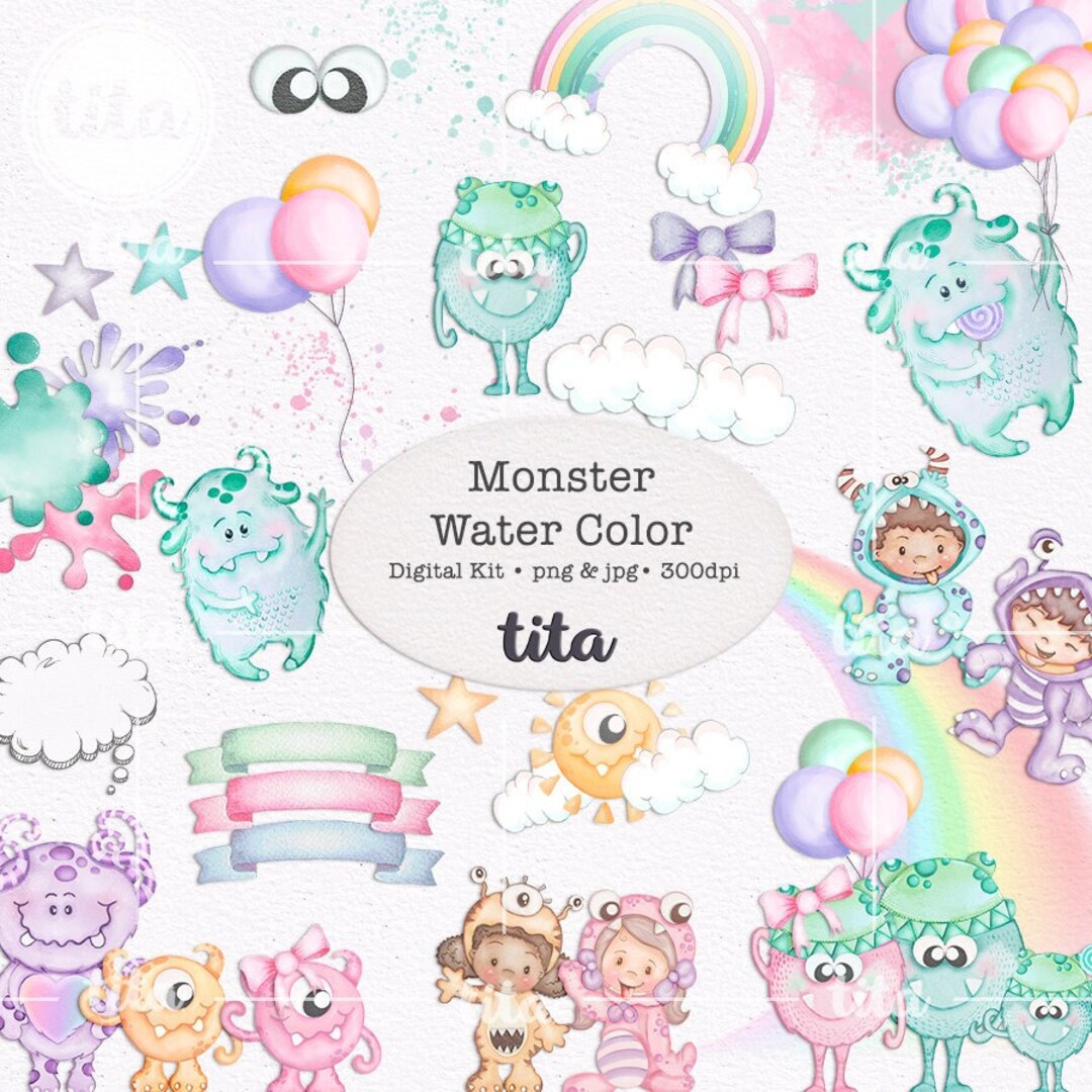 Monsters Watercolor Clipart Infant Party Cute Monsters - Etsy