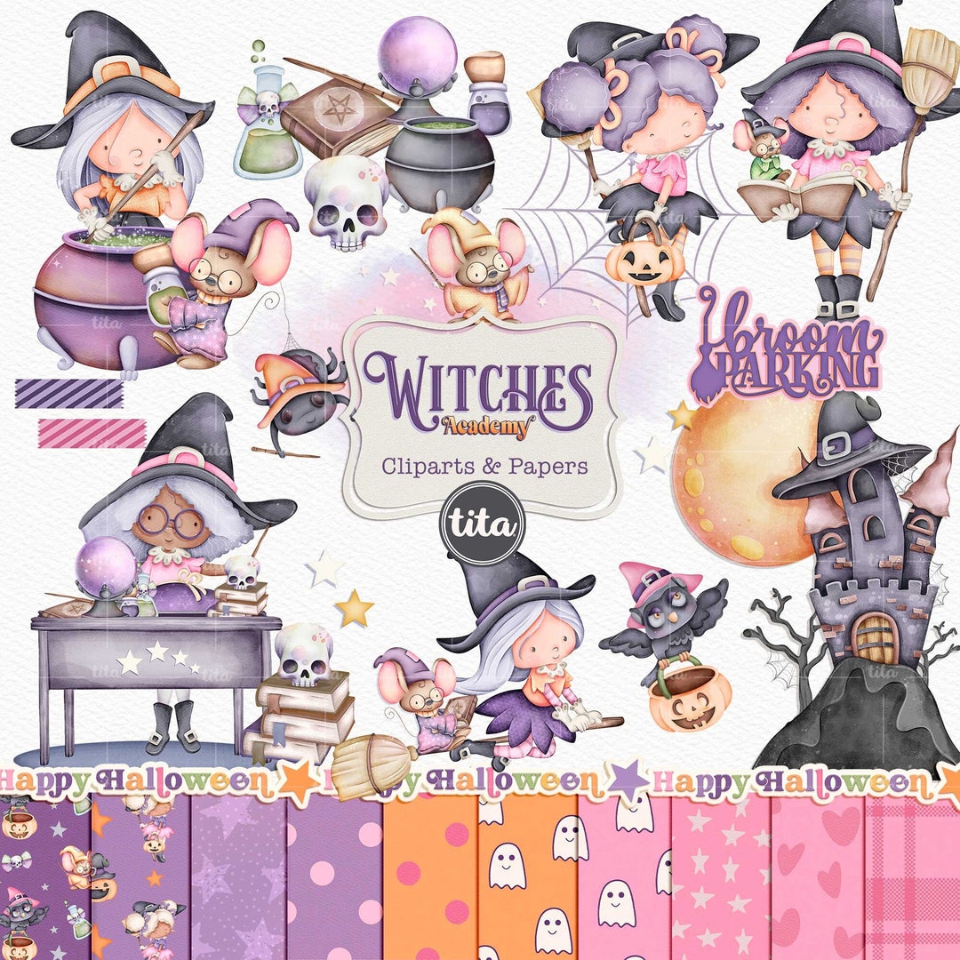 Halloween Witches Academy Clipart, Watercolor Halloween Cliparts ...