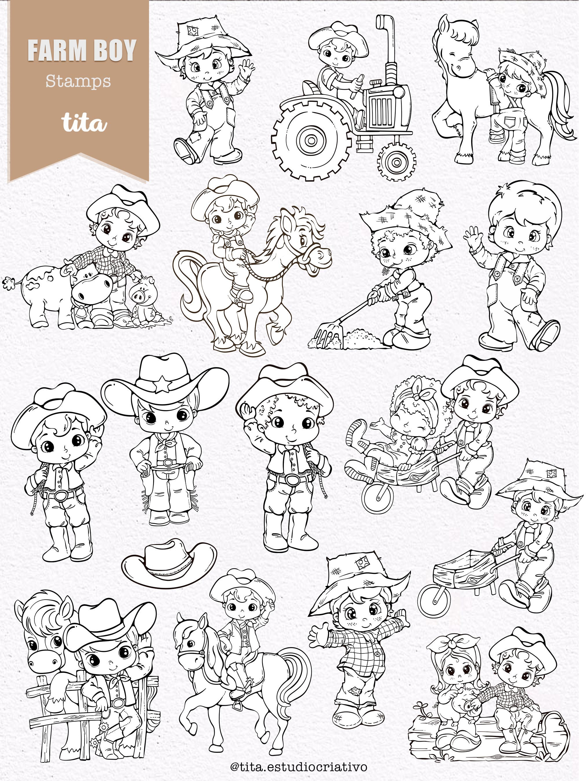 Farm Boy Clipart Stamps B&W Cowboy Stamps Perfect for - Etsy