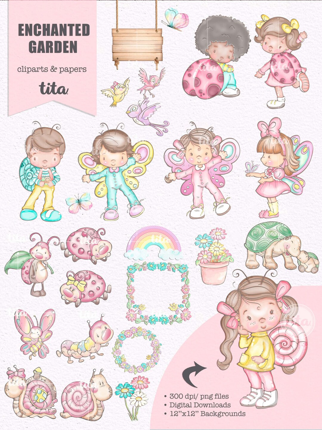 Enchanted Garden Clip Arts, Watercolor Cute Illustrations and Papers ...