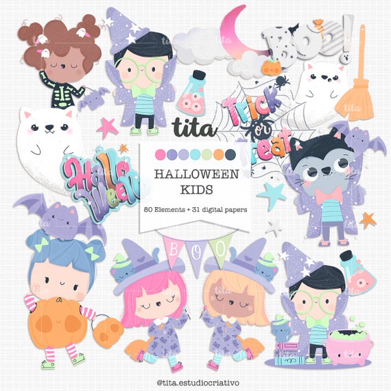 Halloween Kids Clipart Cute Illustrations and Papers - Etsy
