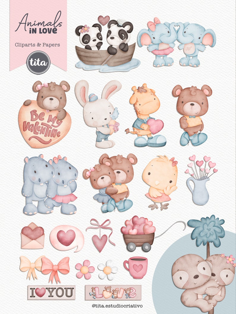 Animals in Love Clip Arts and Papers Valentine's Clipart - Etsy