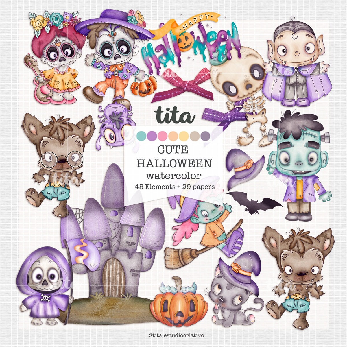 Cute Halloween Clipart Illustrations and Papers Halloween - Etsy