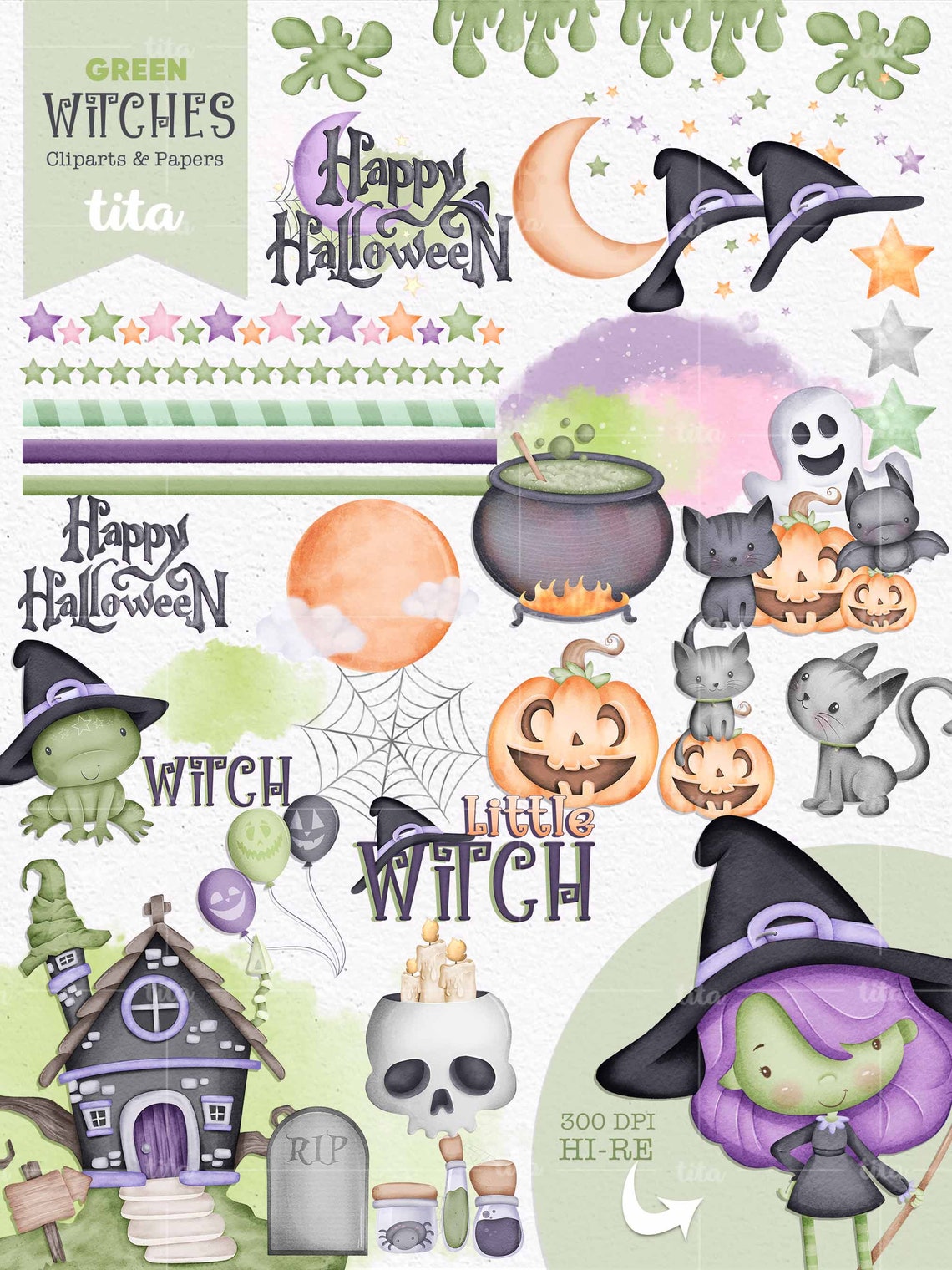 Halloween Green Witches Clipart Watercolor Witches and - Etsy