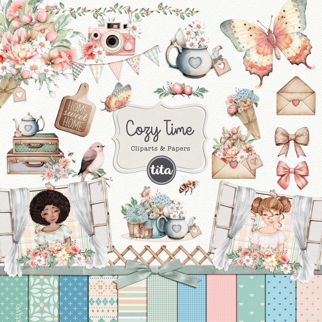 Watercolor Cozy Time Clip Arts, Pastel Color Flower Decor, Botanical ...
