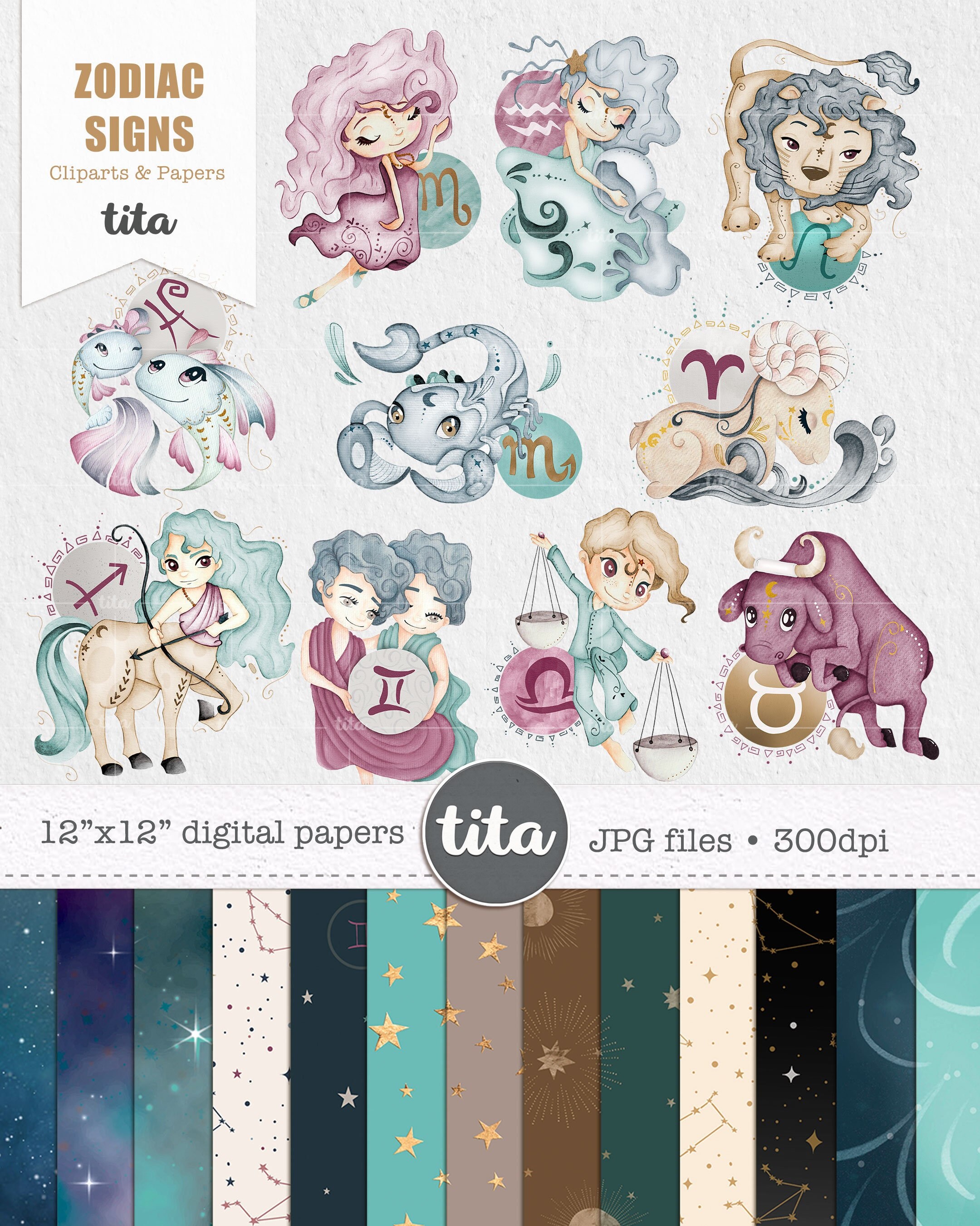 Zodiac Signs Watercolor Clipart Illustrations of Zodiac Signs - Etsy