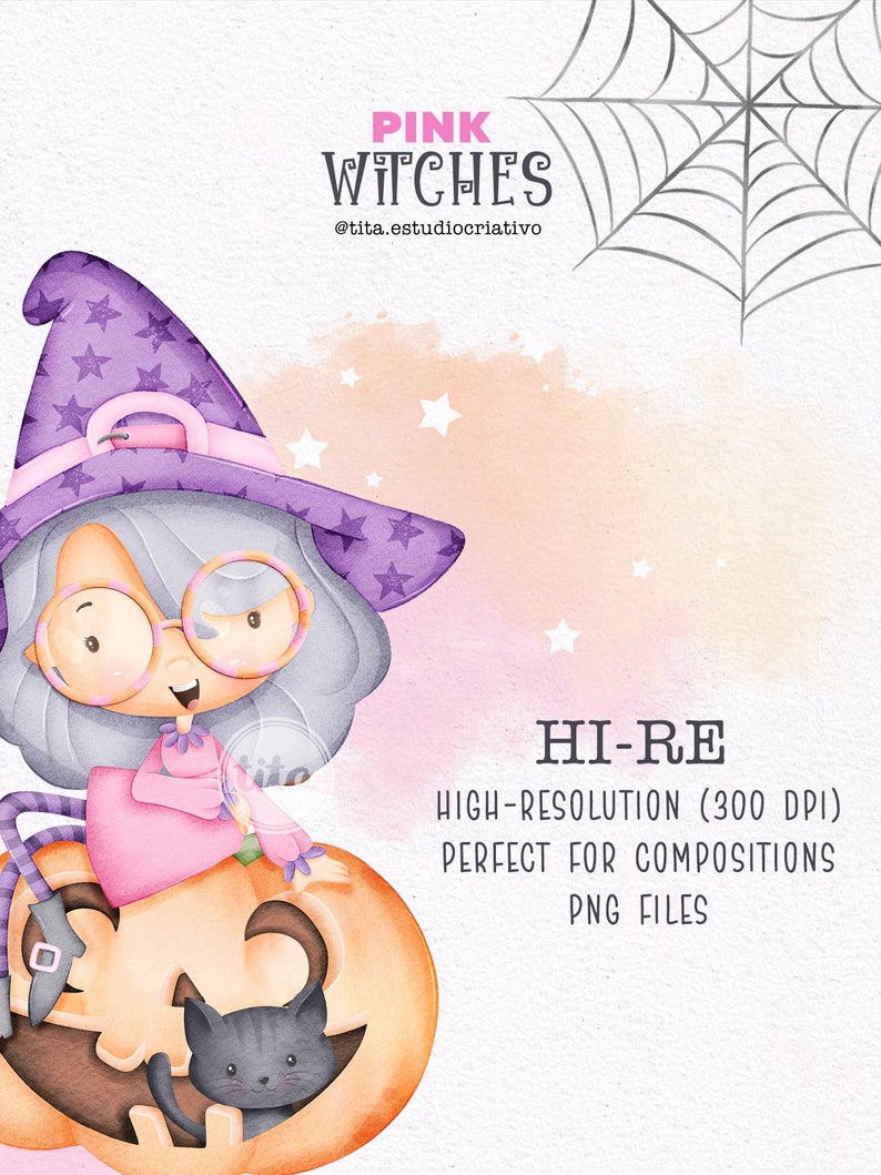Halloween Pink Witches Clipart Watercolor Witches and Digital - Etsy