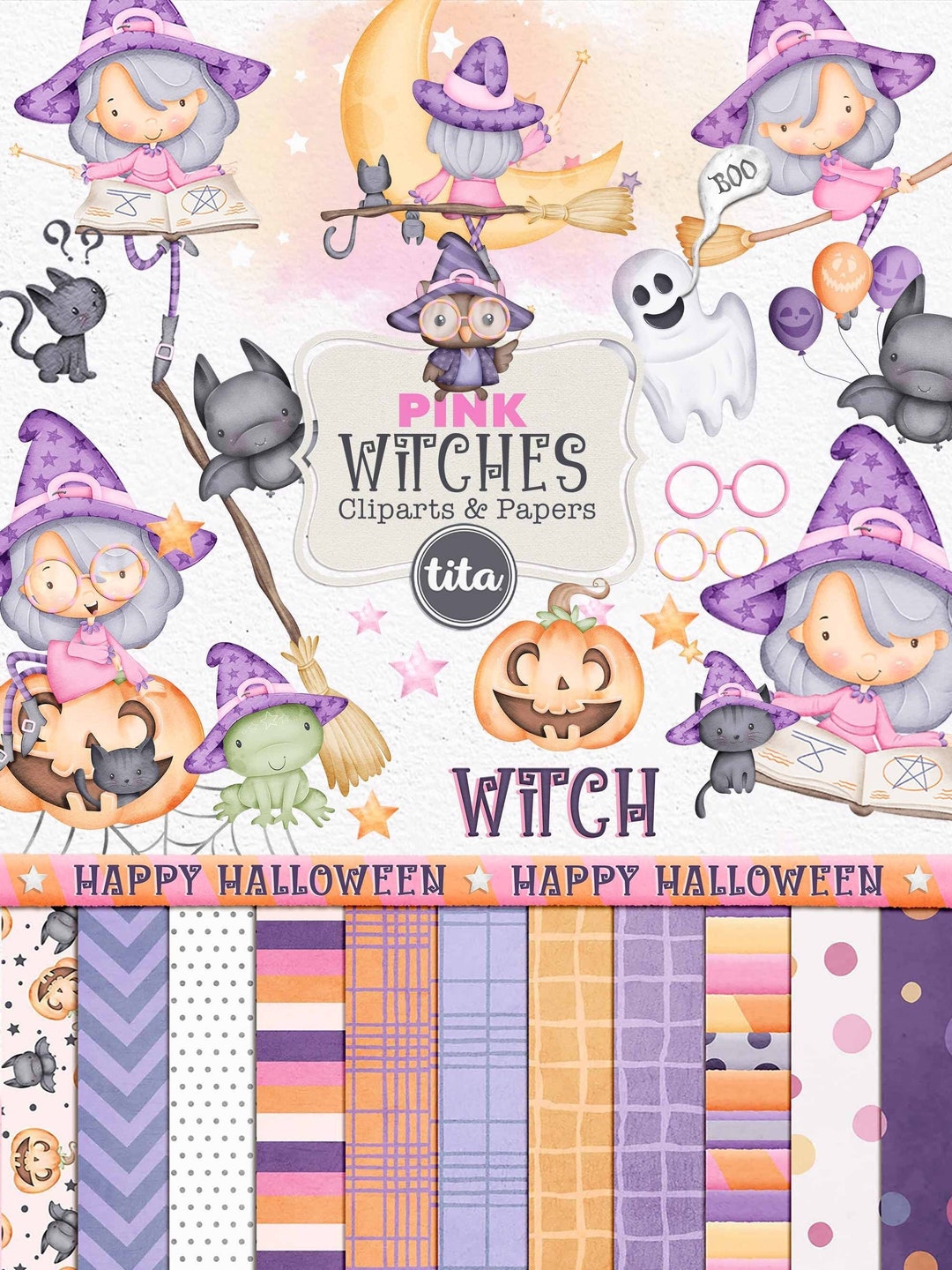 Halloween Pink Witches Clipart, Watercolor Witches and Digital Papers ...