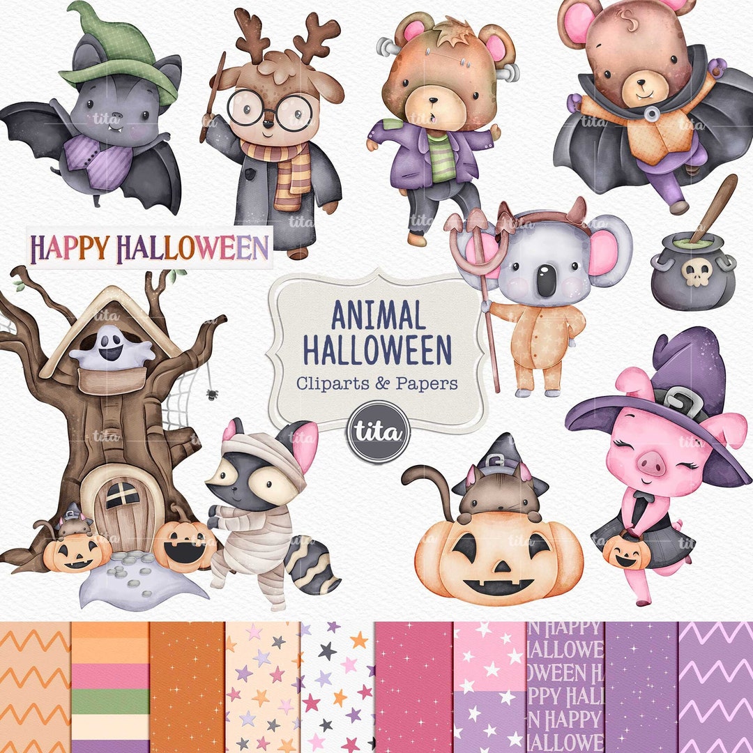 Animal Halloween Clip Art, Watercolor Halloween Clip Arts, Animals in ...