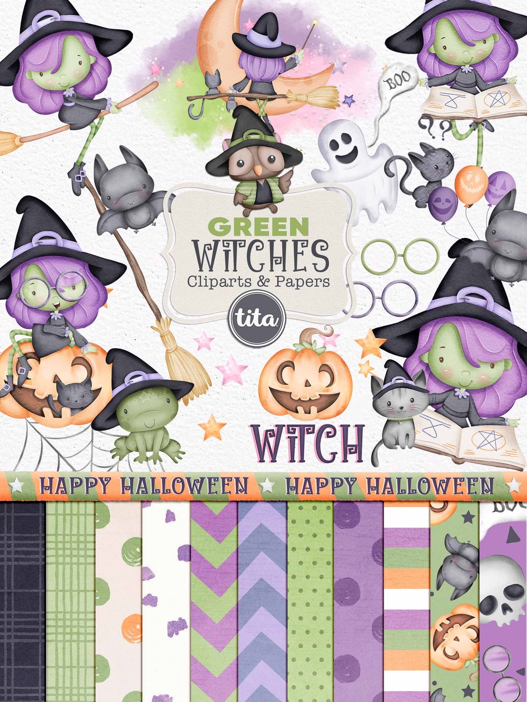 Halloween Green Witches Clipart, Watercolor Witches and Digital Papers ...