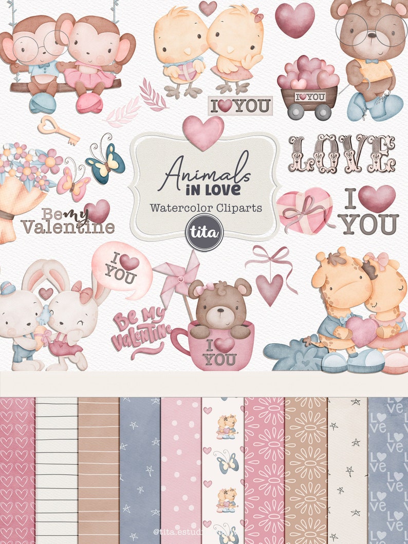 Animals in Love Clip Arts and Papers Valentine's Clipart - Etsy