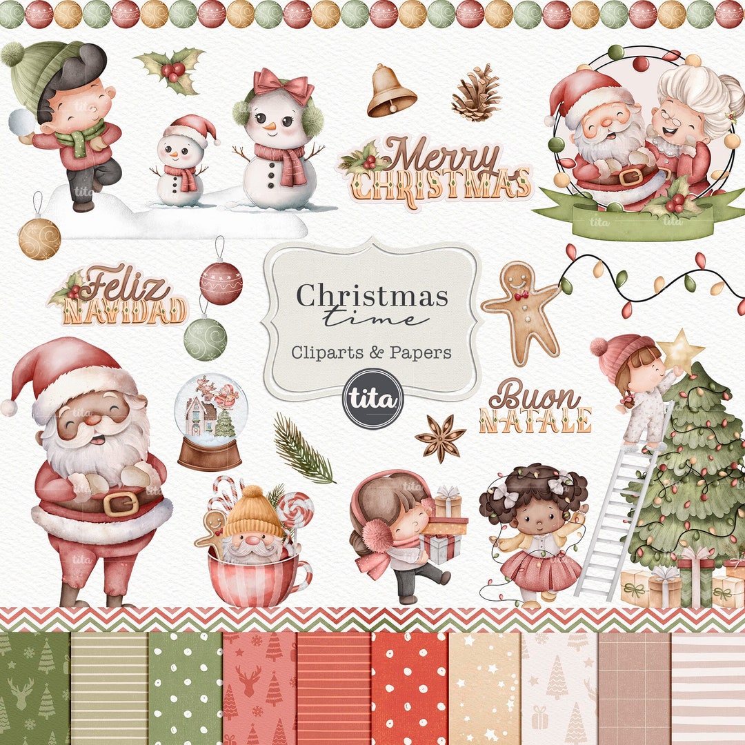 Watercolor Christmas Time Clipart, Cute Santa Claus and Kids, Christmas ...