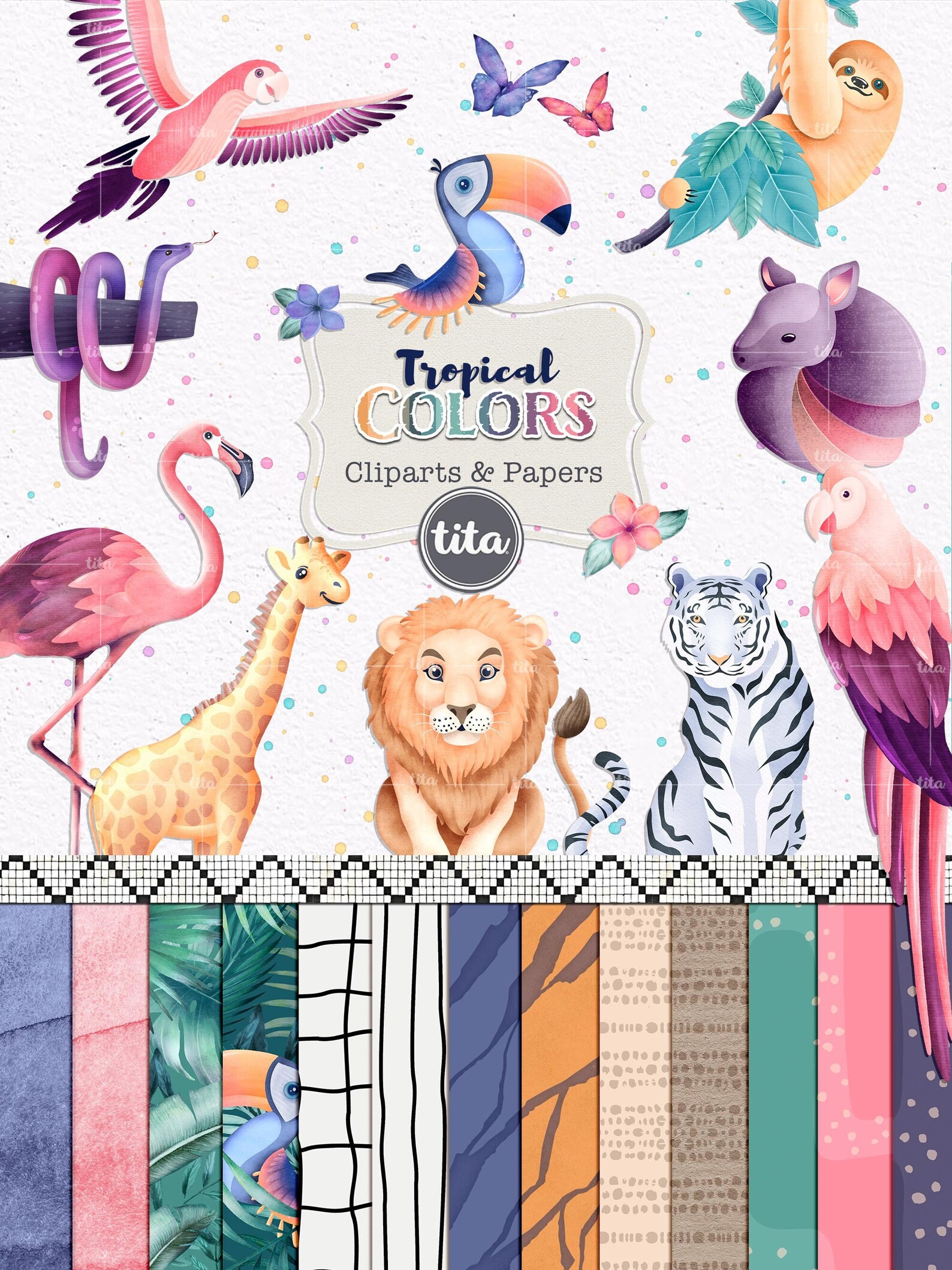 Tropical Colors Clipart Watercolor Animals Digital Bundle - Etsy