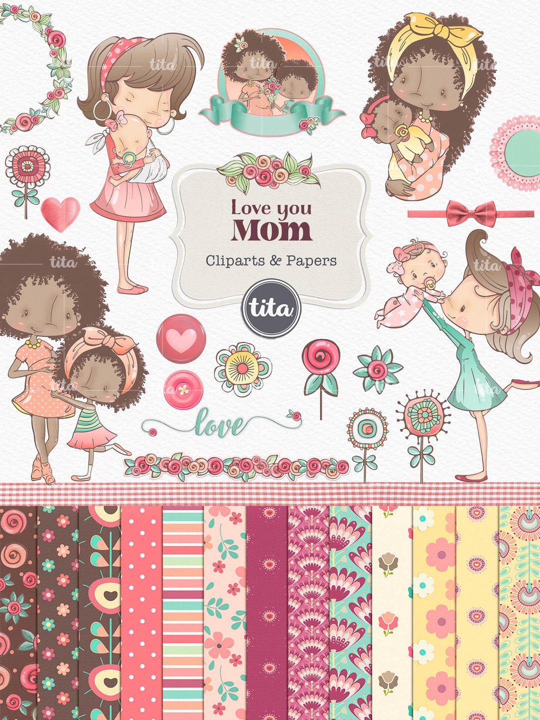 Love You Mom Clip arts, kit digital del día de la madre, descarga ...