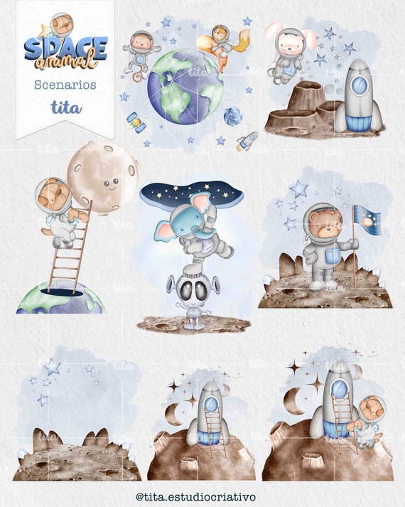 Astronauts Watercolor Scenes Space Animals Illustrations - Etsy