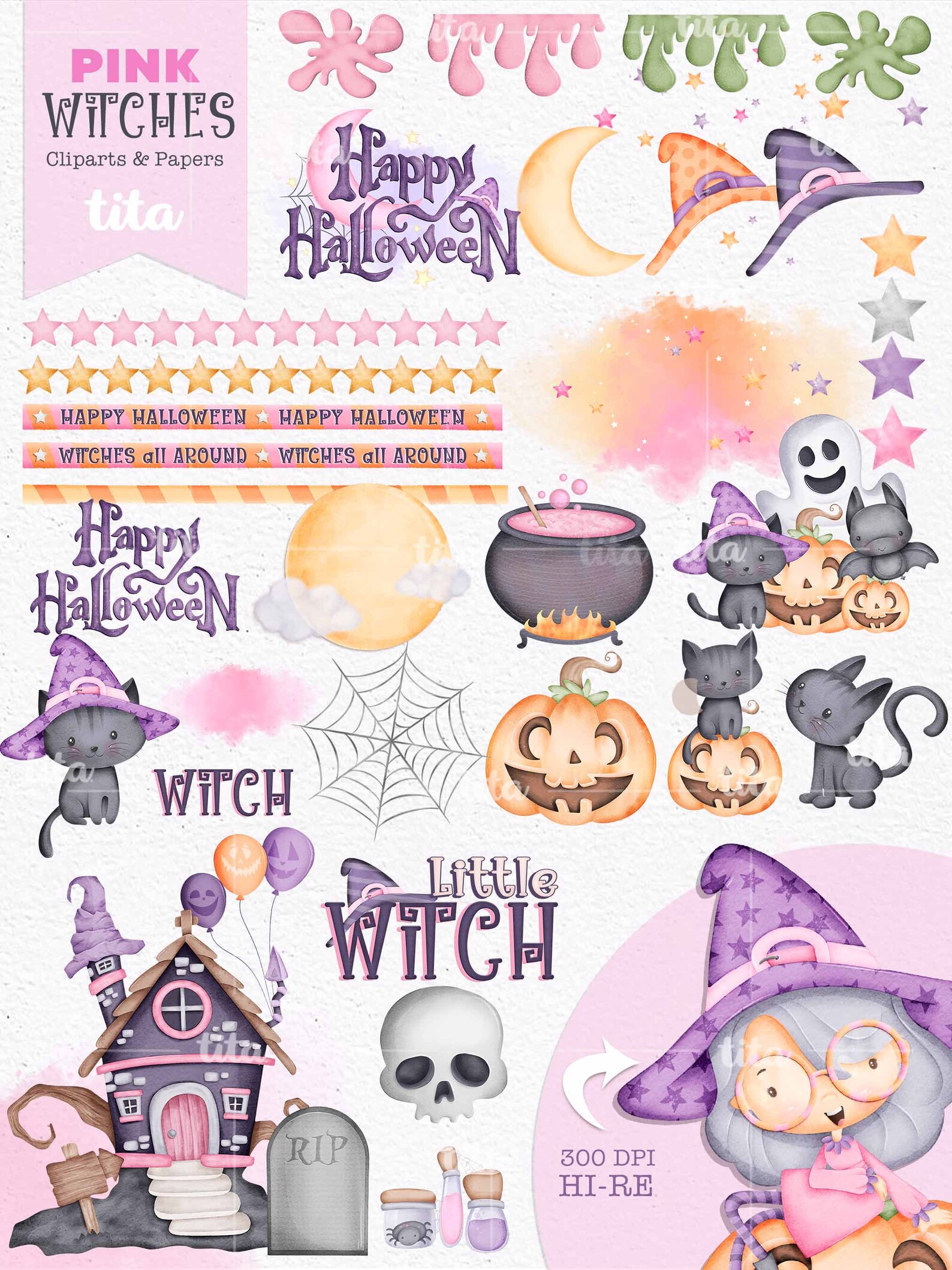 Halloween Pink Witches Clipart Watercolor Witches and Digital - Etsy