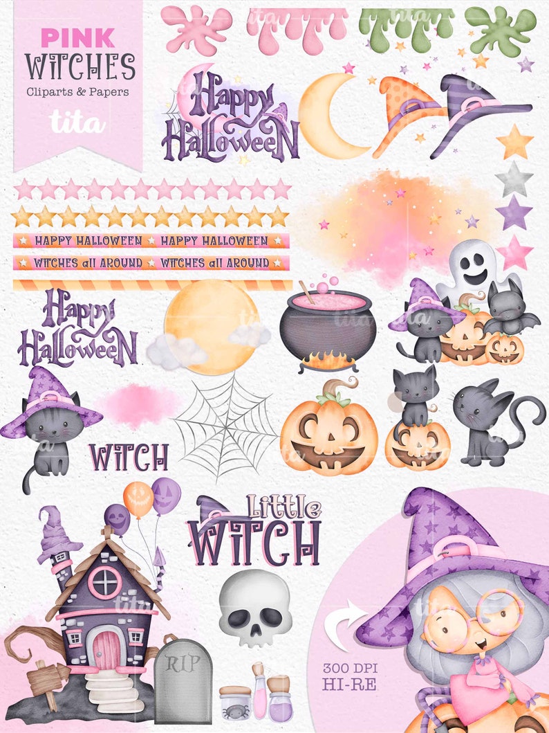 Halloween Pink Witches Clipart Watercolor Witches and Digital - Etsy