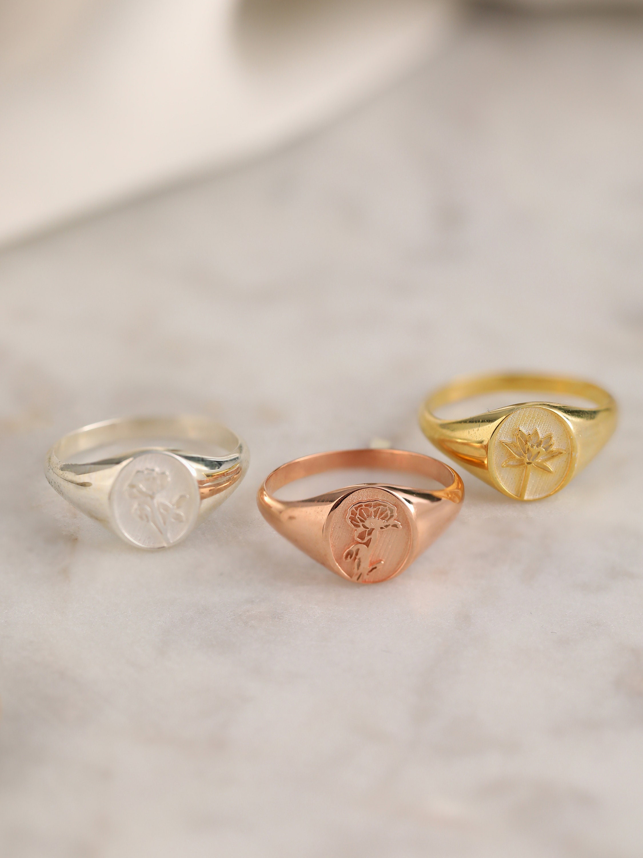 Birth Flower Signet Ring Women Gold Signet Ring Birth Flower - Etsy Canada