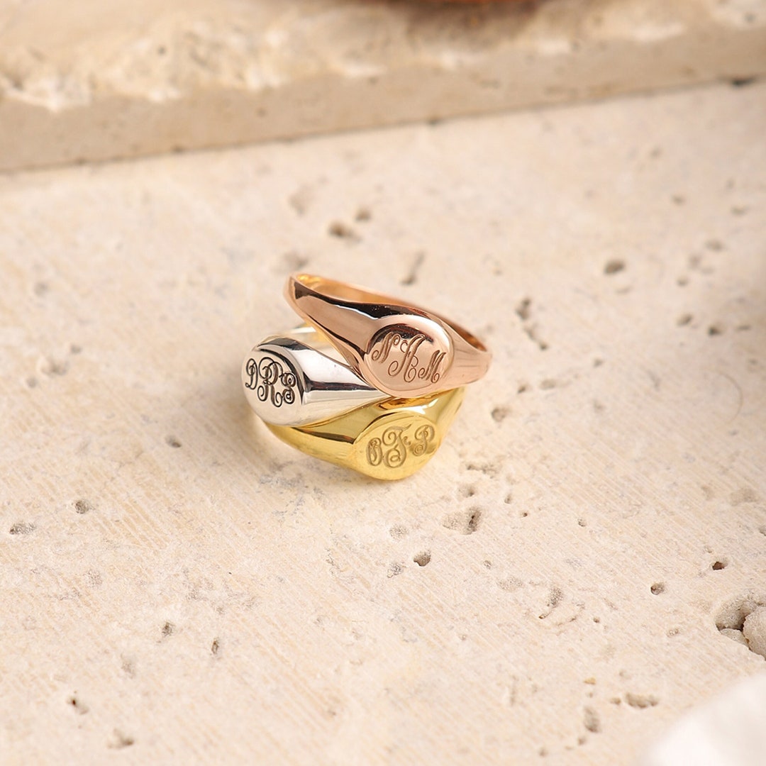 14K Gold Tiny Signet Ring, Initial Signet Ring, Engraved Ring ...
