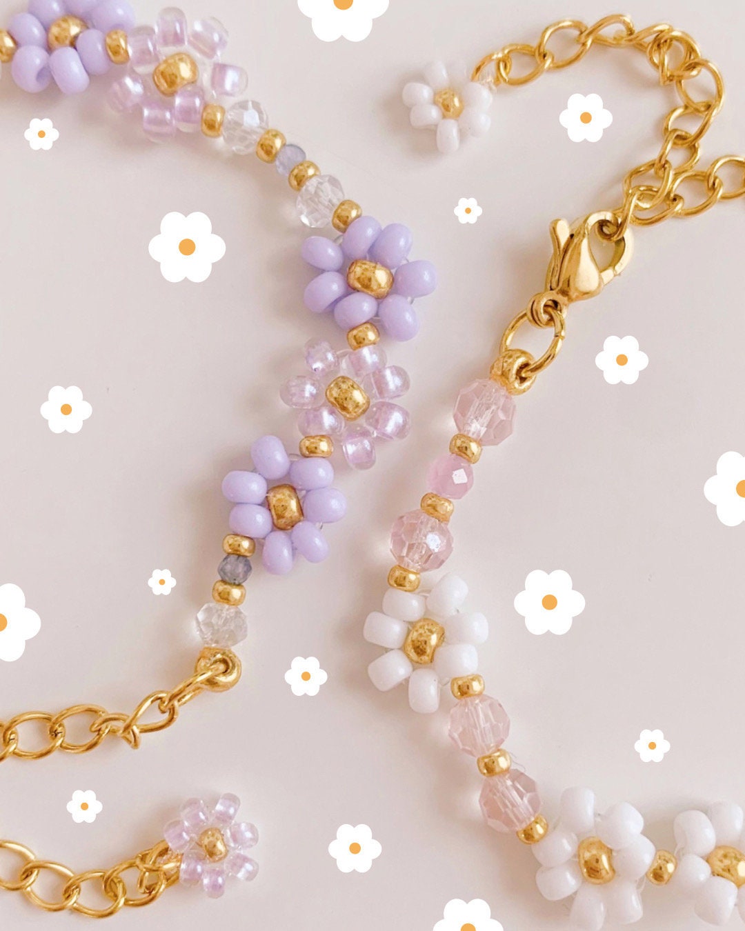 Keari - ROSIE Bracelet Pink/ Purple/ Mint With Gold, Daisy Pearl ...