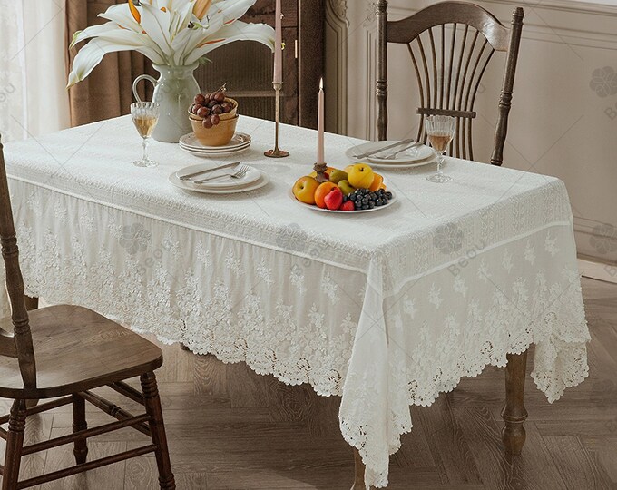 French Normandy Lace Tea Cloth, Tablecloth, Filet Lace, Linen ...