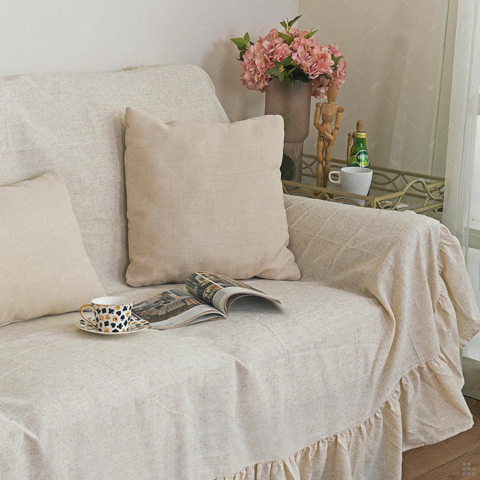 Linen Blend Sofa Cover, Farmhouse Ruffle Edge Couch Slipcover - Etsy