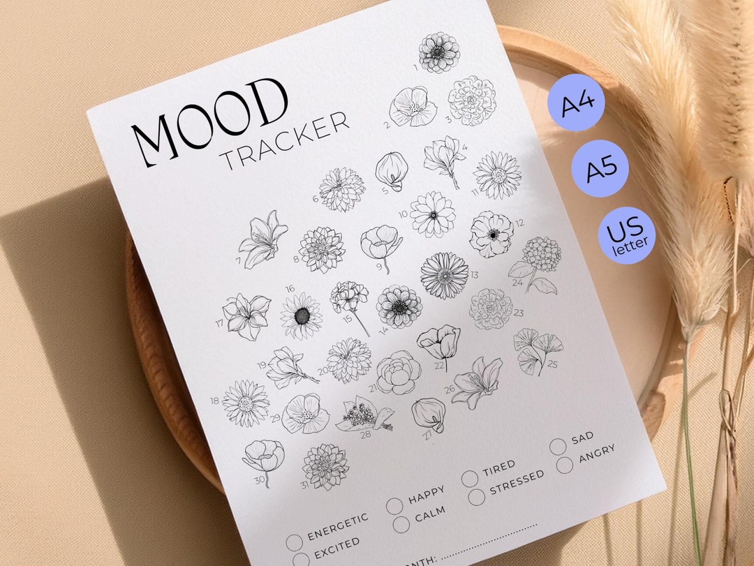 Floral Monthly Mood Tracker Printable Mood Tracker Daily Flowers Mood ...