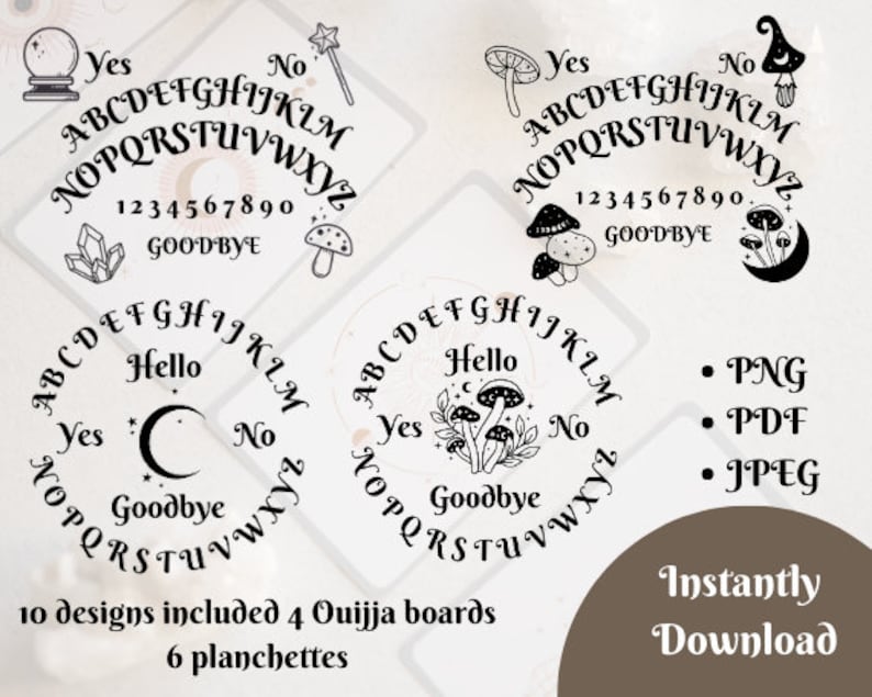 4 Printable Ouija Boards, 6 Planchette, Round and Square Spirit Board ...