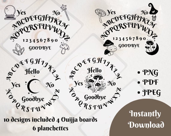 4 Printable Ouija Boards, 6 Planchette, Round and Square Spirit Board ...