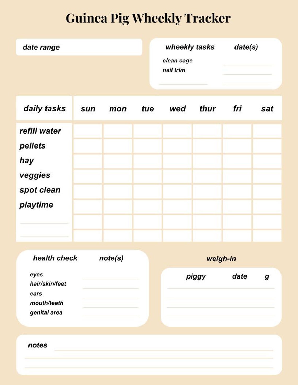 Printable Guinea Pig Weekly Tracker, Letter Size, Guinea Pig Care ...