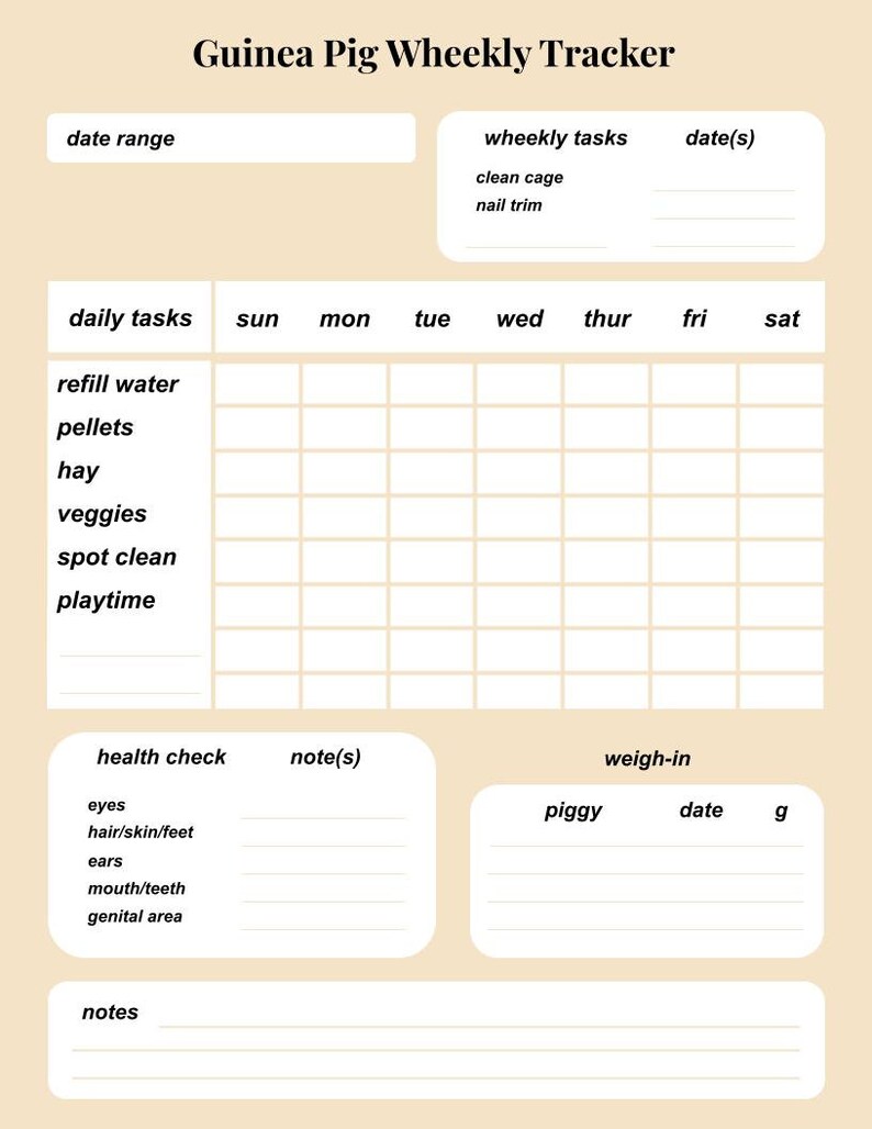 Printable Guinea Pig Weekly Tracker Letter Size Guinea Pig - Etsy