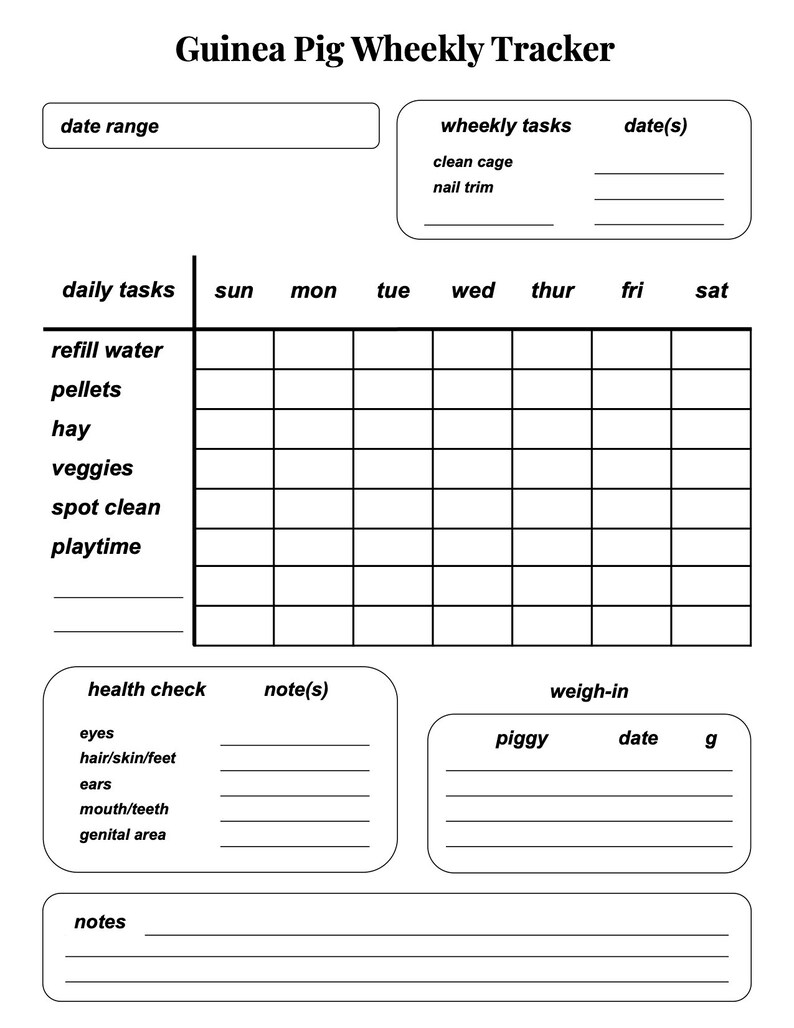 Printable Guinea Pig Weekly Tracker Letter Size Guinea Pig - Etsy