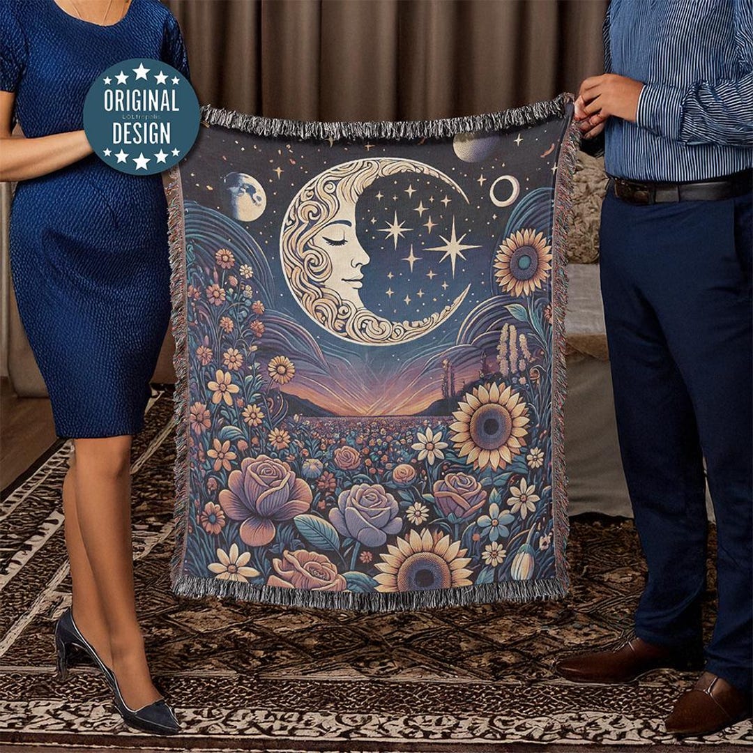Celestial Woven Blanket, Moon Goddess and Floral Sunflower Throw ...