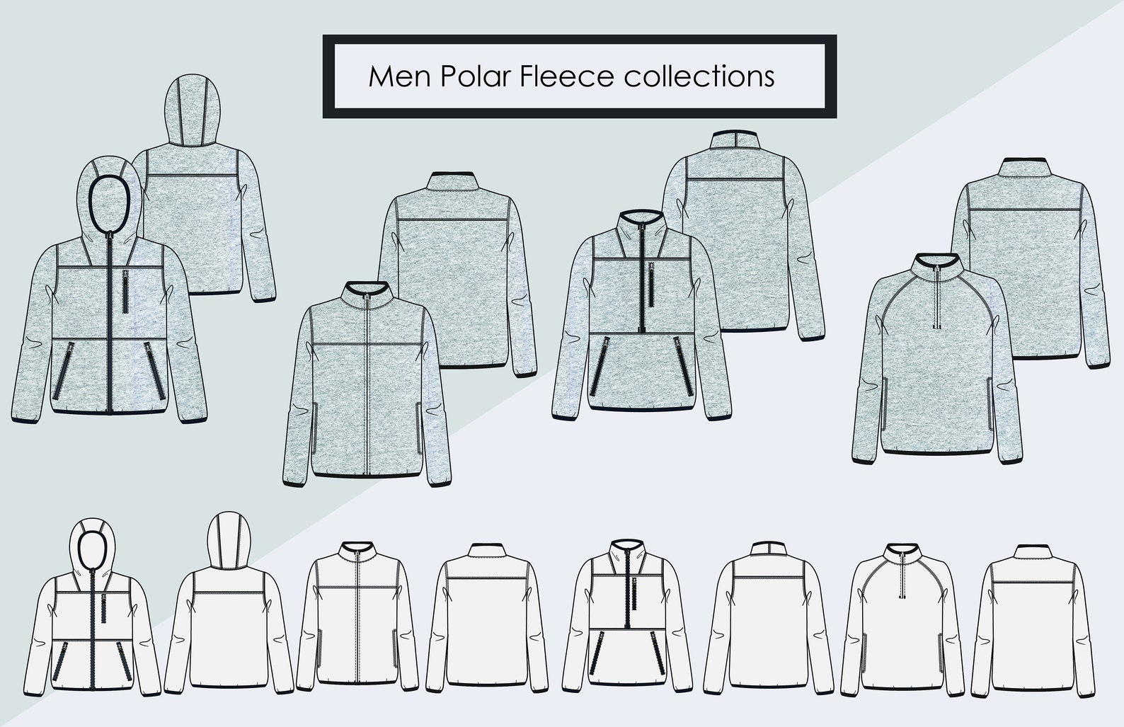 Illustrator Men Polar Fleece Cad Drawings 4 Samples Front and Back ...