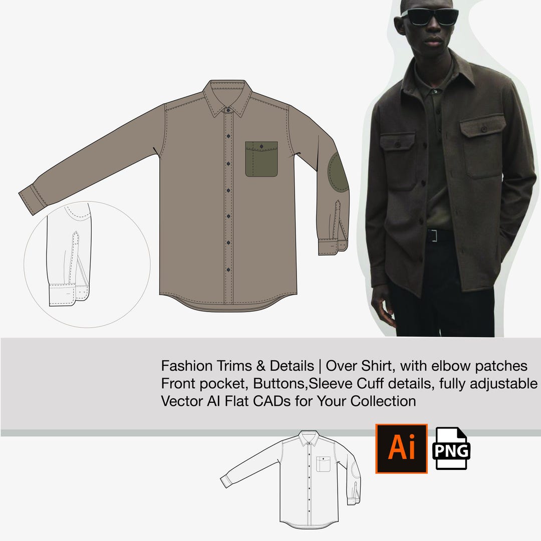 Fashion CAD Template | Adobe Illustrator Sketch: Over Shirt With Elbow ...