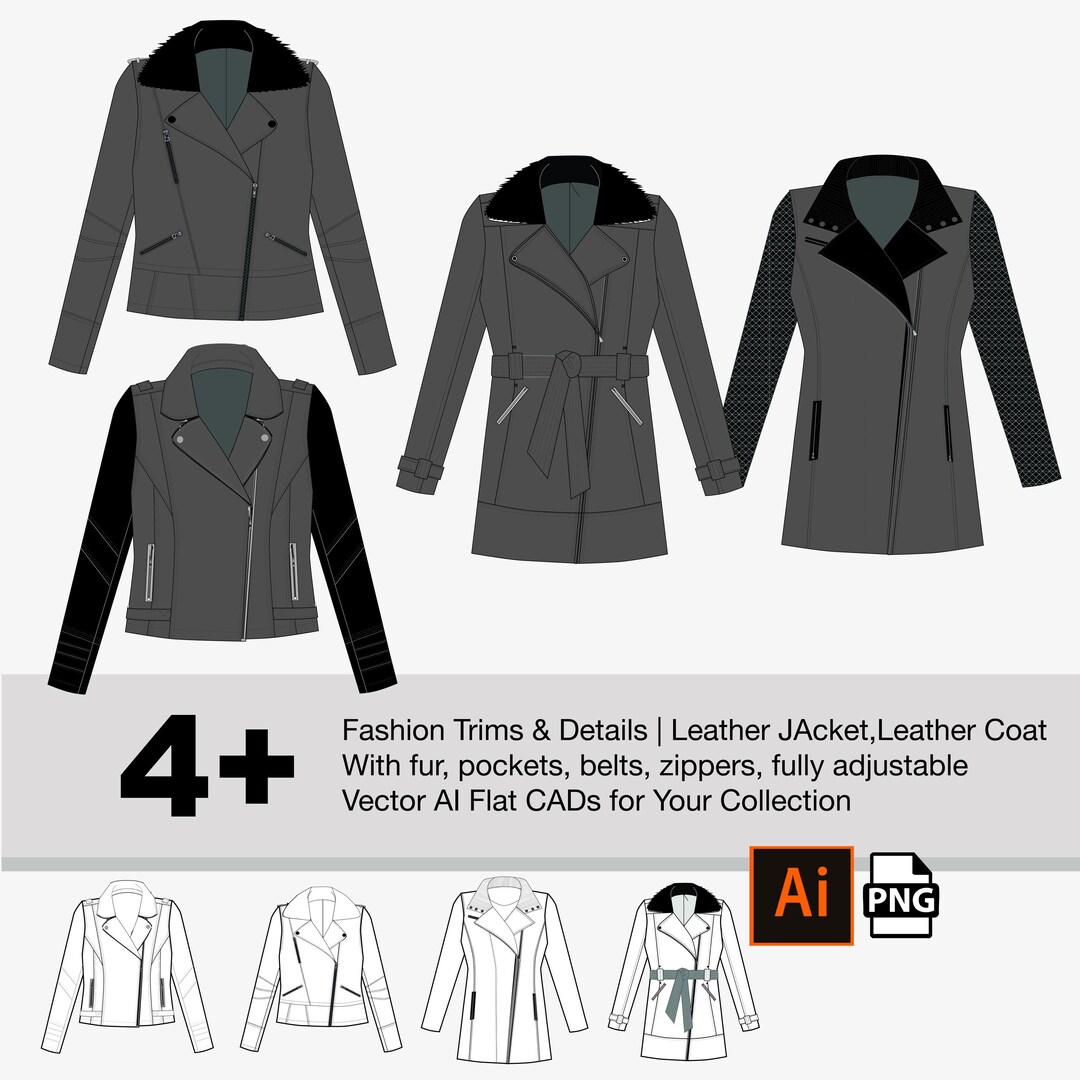 4+ Fashion CAD Template | Adobe Illustrator Sketch: Leather Jacket ...