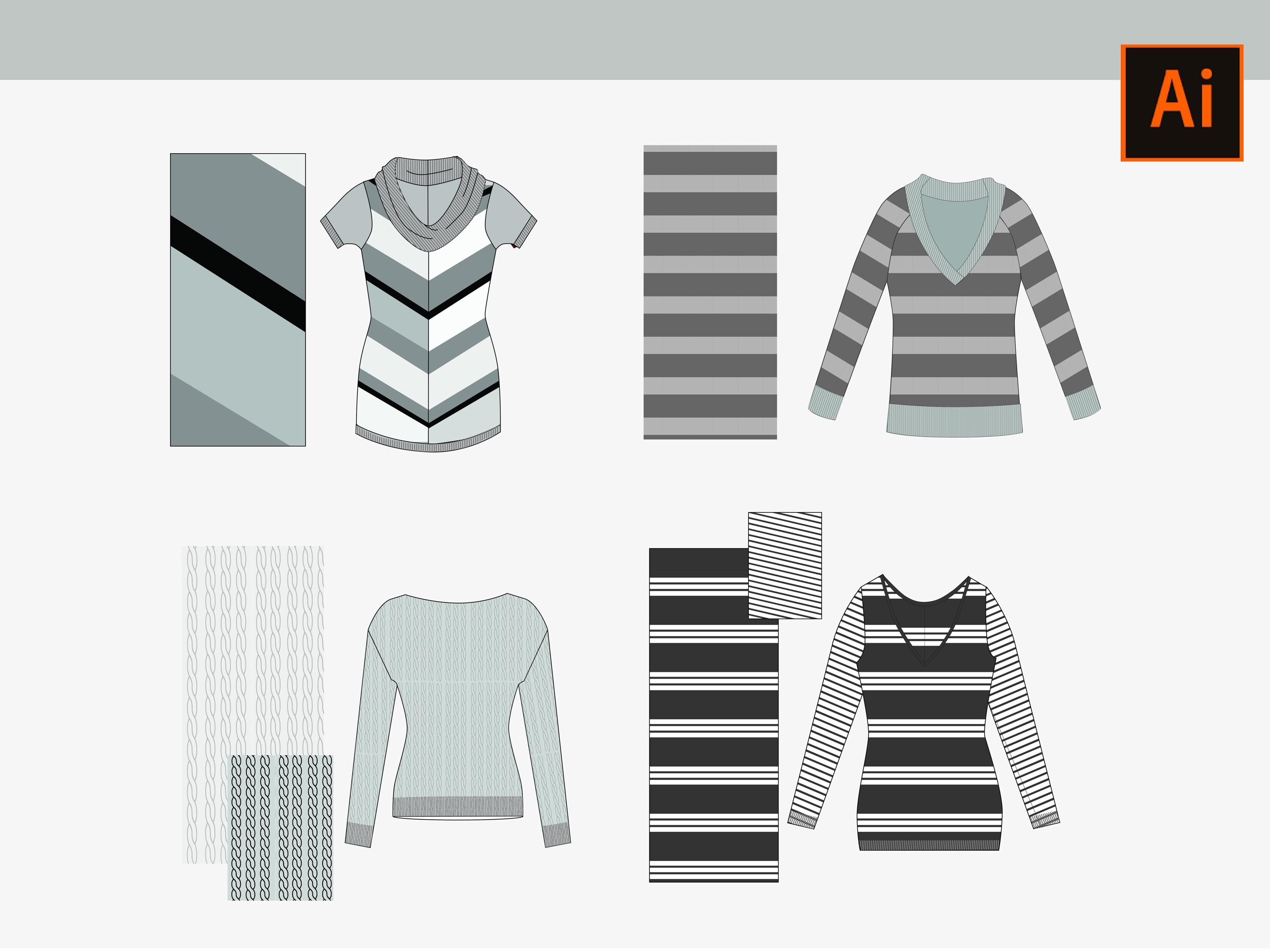 4+ Fashion CAD Template | Adobe Illustrator Sketch: 4 Sweaters + 5 ...