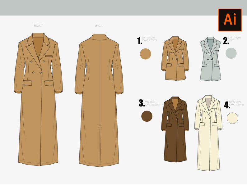 Fashion CAD Template | Adobe Illustrator Sketch:wool Coat, Suit, Vest ...